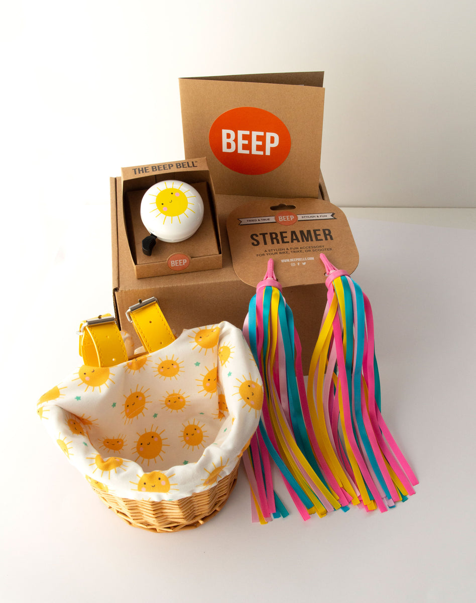 Sunshine Cruiser – Kids Bike Bundle (Wicker) – Beep Bike Bells & Baskets